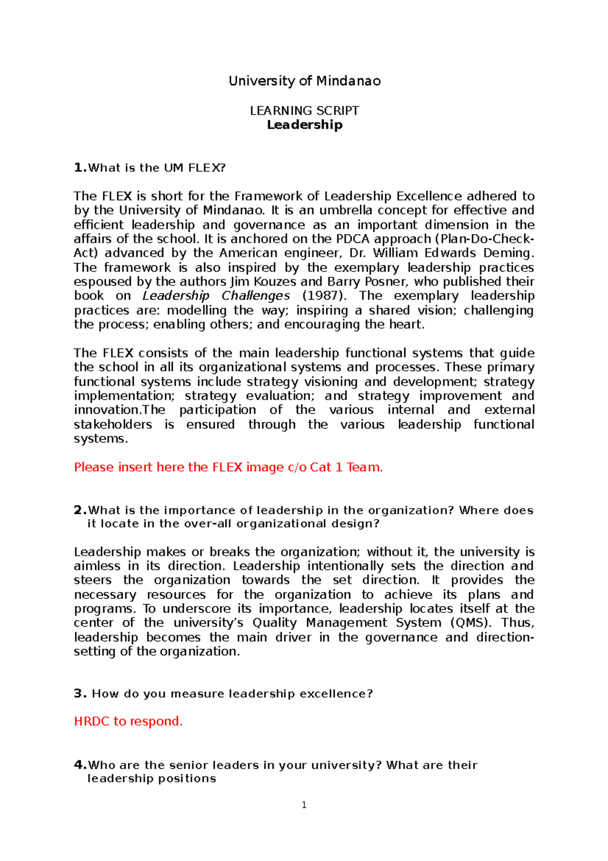 Learning Script Category 1 Leadership - University of Mindanao LEARNING SCRIPT Leadership 1 is ...