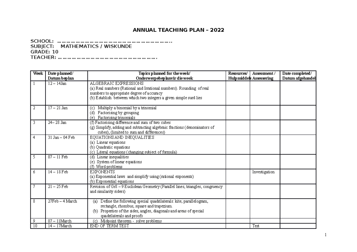 2022 Maths Grade 10 ATP - ANNUAL TEACHING PLAN – 2022 SCHOOL: - Studocu