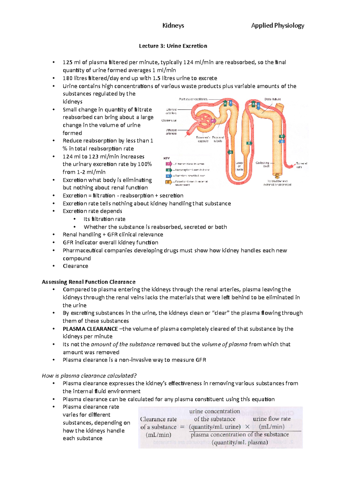 Kidney Lectures 3 - Lecture notes 3 - Kidneys Applied Physiology ...