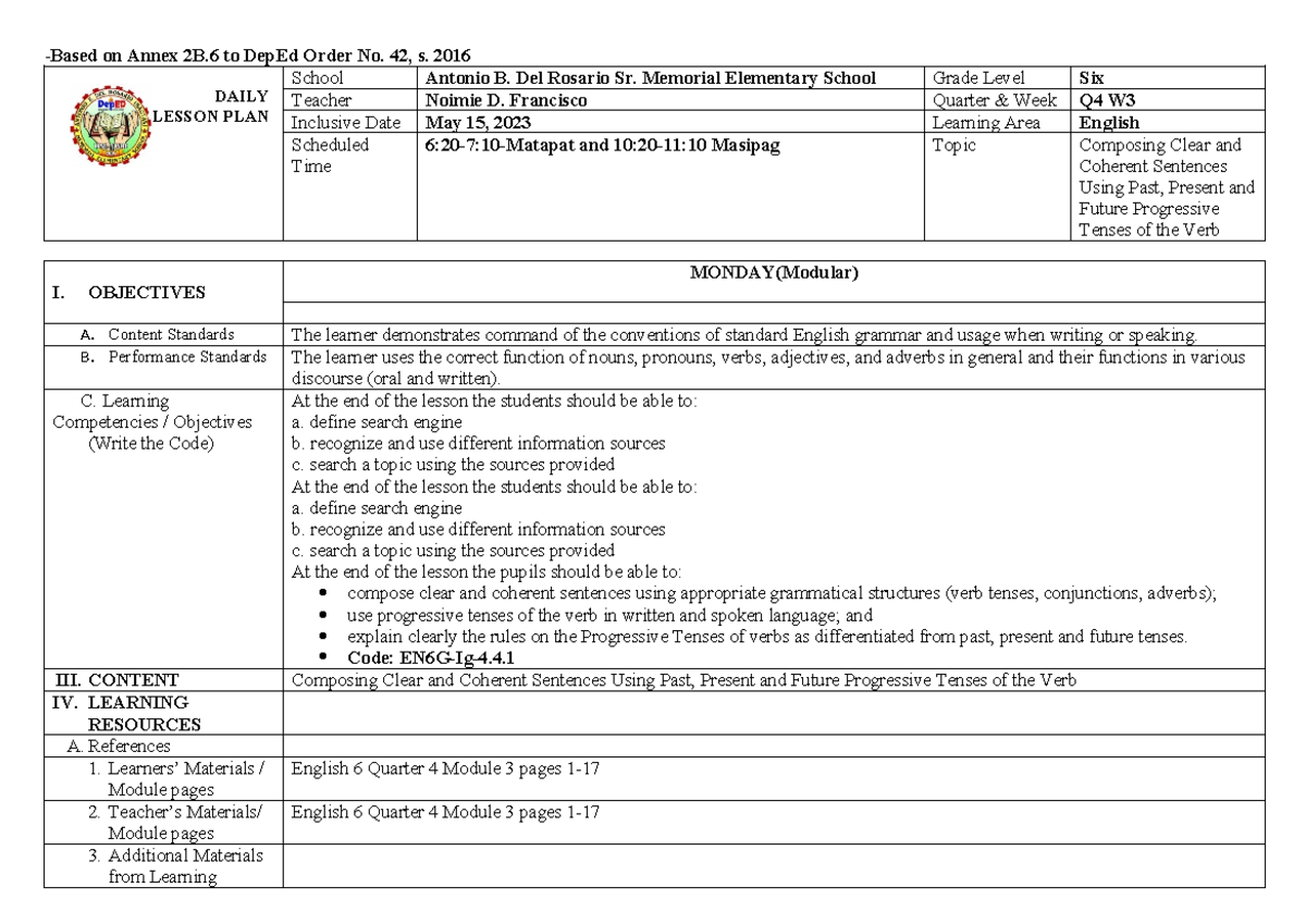 4th Quarter-DLP-English- Week 3 - Based on Annex 2B to DepEd Order No ...