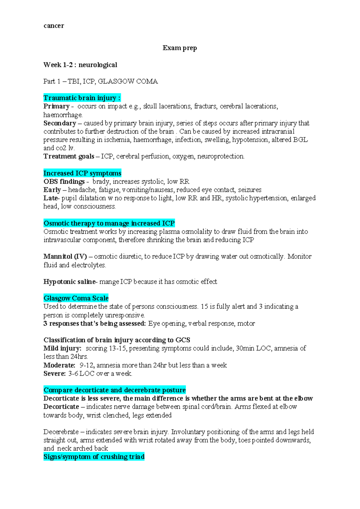 Exam prep - exam notes - Exam prep Week 1-2 : neurological Part 1 – TBI ...
