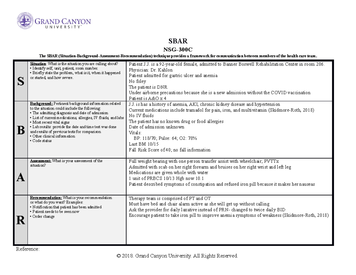 NSG-300CC-RS-SBAR DAY 2 - SBAR The SBAR technique provides a framework ...