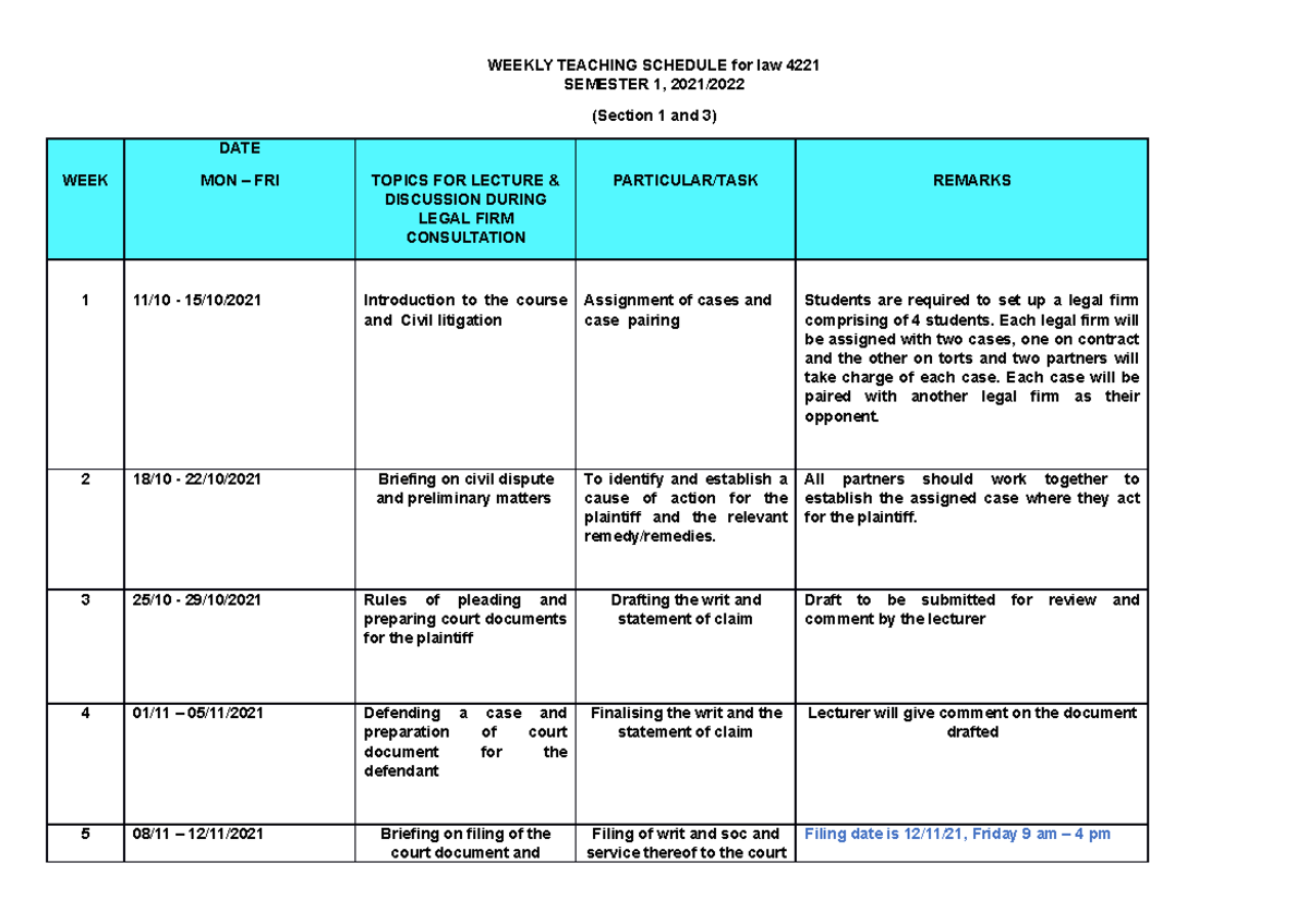 Weekly Teaching Schedule for law 4221 - criminal law - UiTM - Studocu