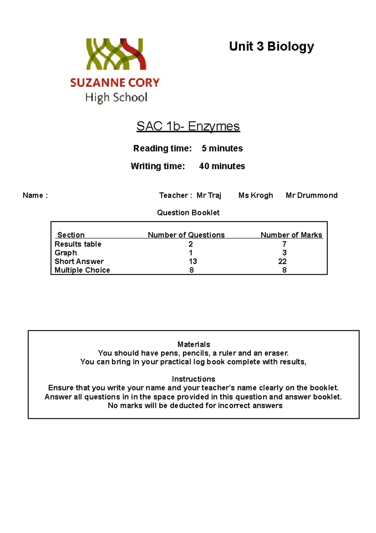 Unit 3 SAC1b Enzyme Action Question Booklet - Unit 3 Biology SAC 1b ...