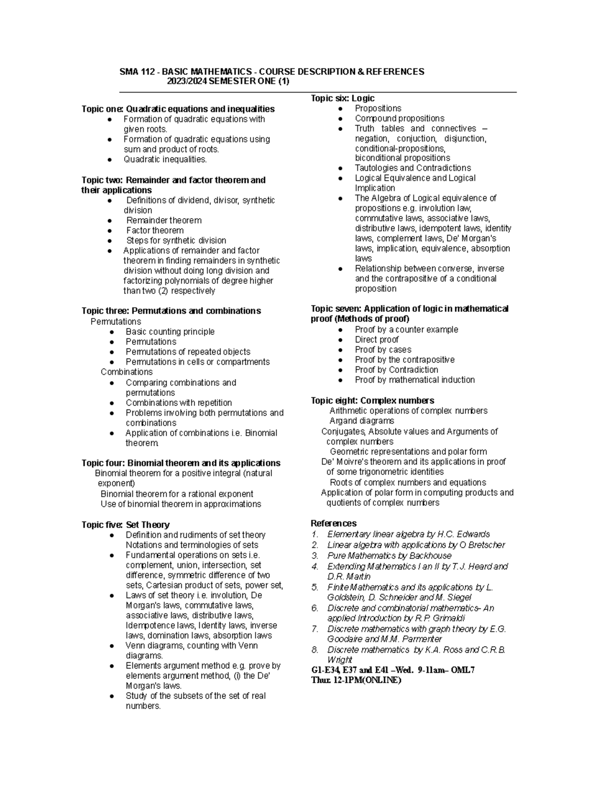 SMA 112 Basic Mathematics Course Description - SMA 112 - BASIC MATHEMATICS - COURSE DESCRIPTION ...
