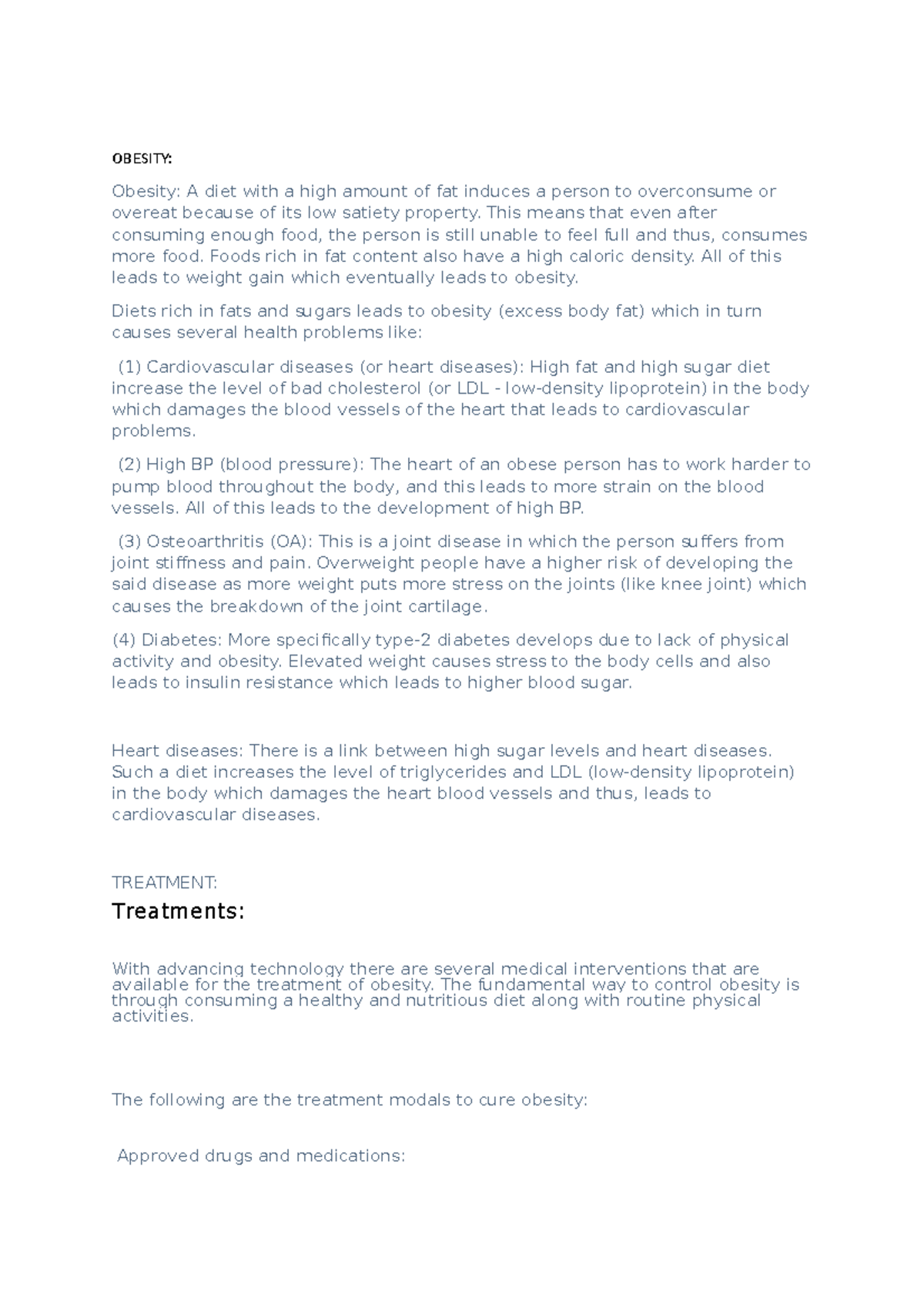 Obesity leaflet notes - OBESITY: Obesity: A diet with a high amount of ...