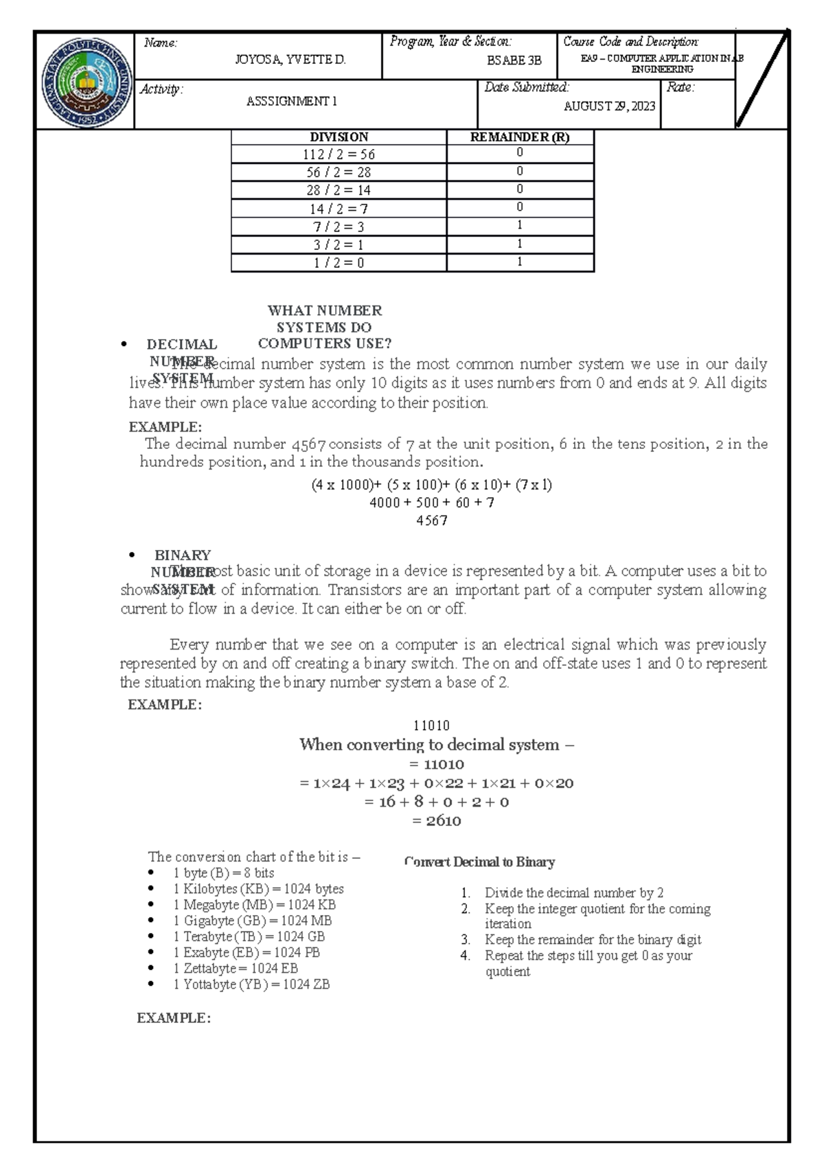 Electrical Assignment - Name: Program, Year & Section: Course Code and Description: Activity ...