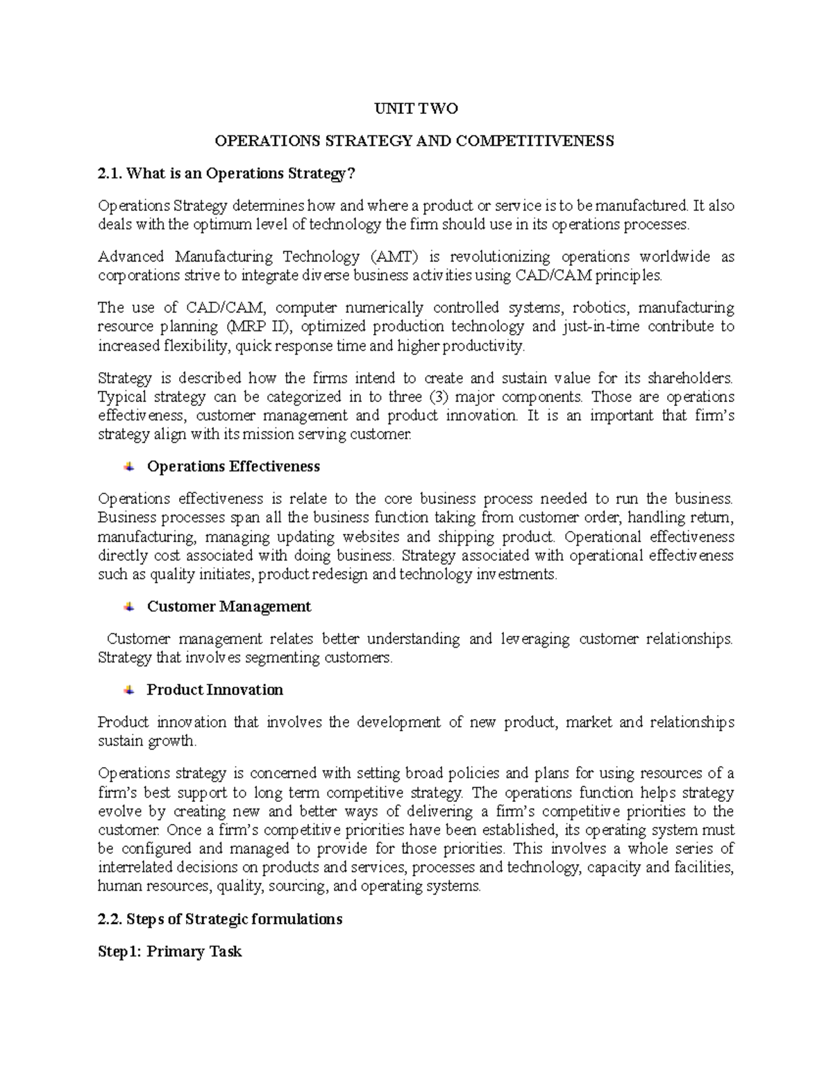 CH 2 - good - UNIT TWO OPERATIONS STRATEGY AND COMPETITIVENESS What is ...