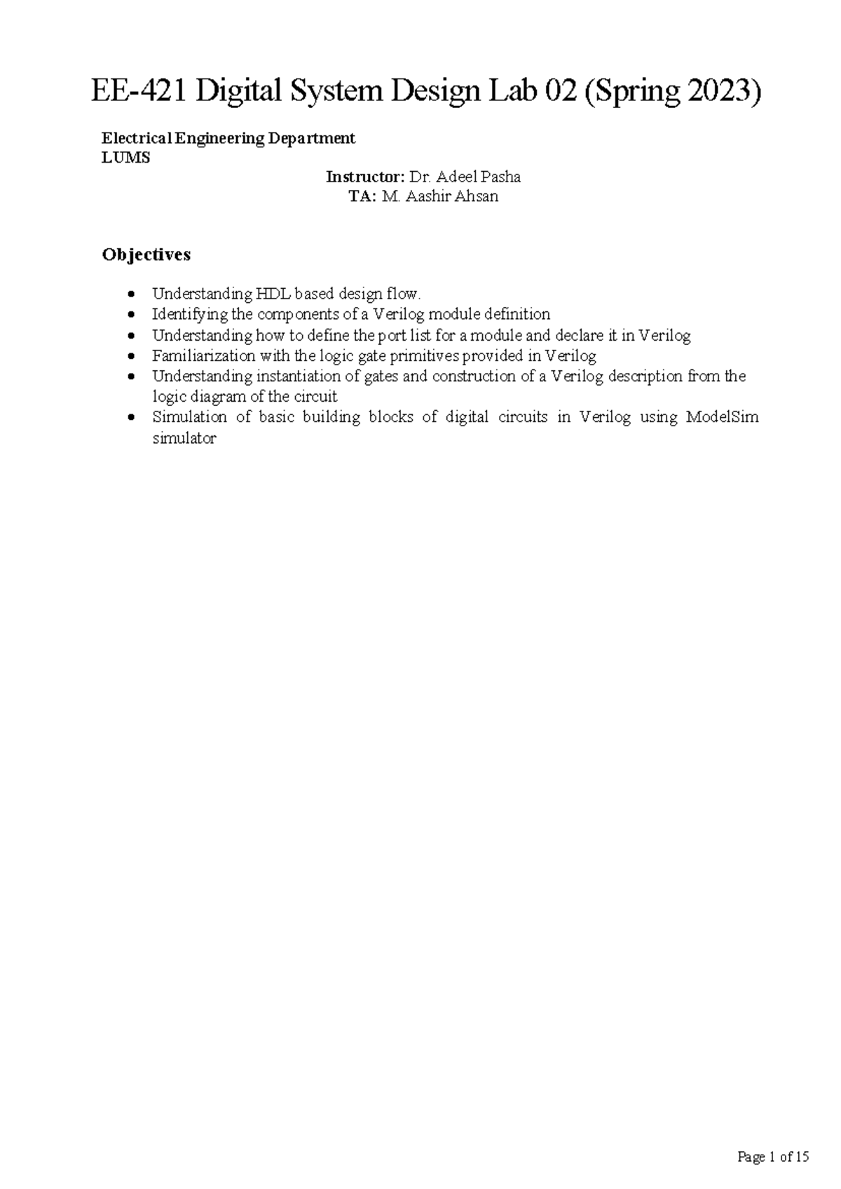 EE421L DSD Spring 2023 Lab02 Manual - EE-421 Digital System Design Lab 02 (Spring 2023 ...