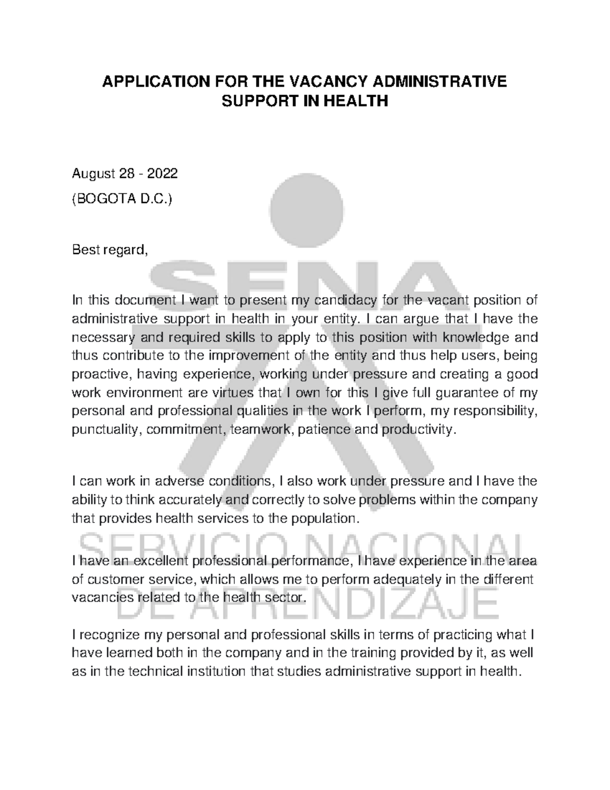 Documento Escrito - sena - APPLICATION FOR THE VACANCY ADMINISTRATIVE ...