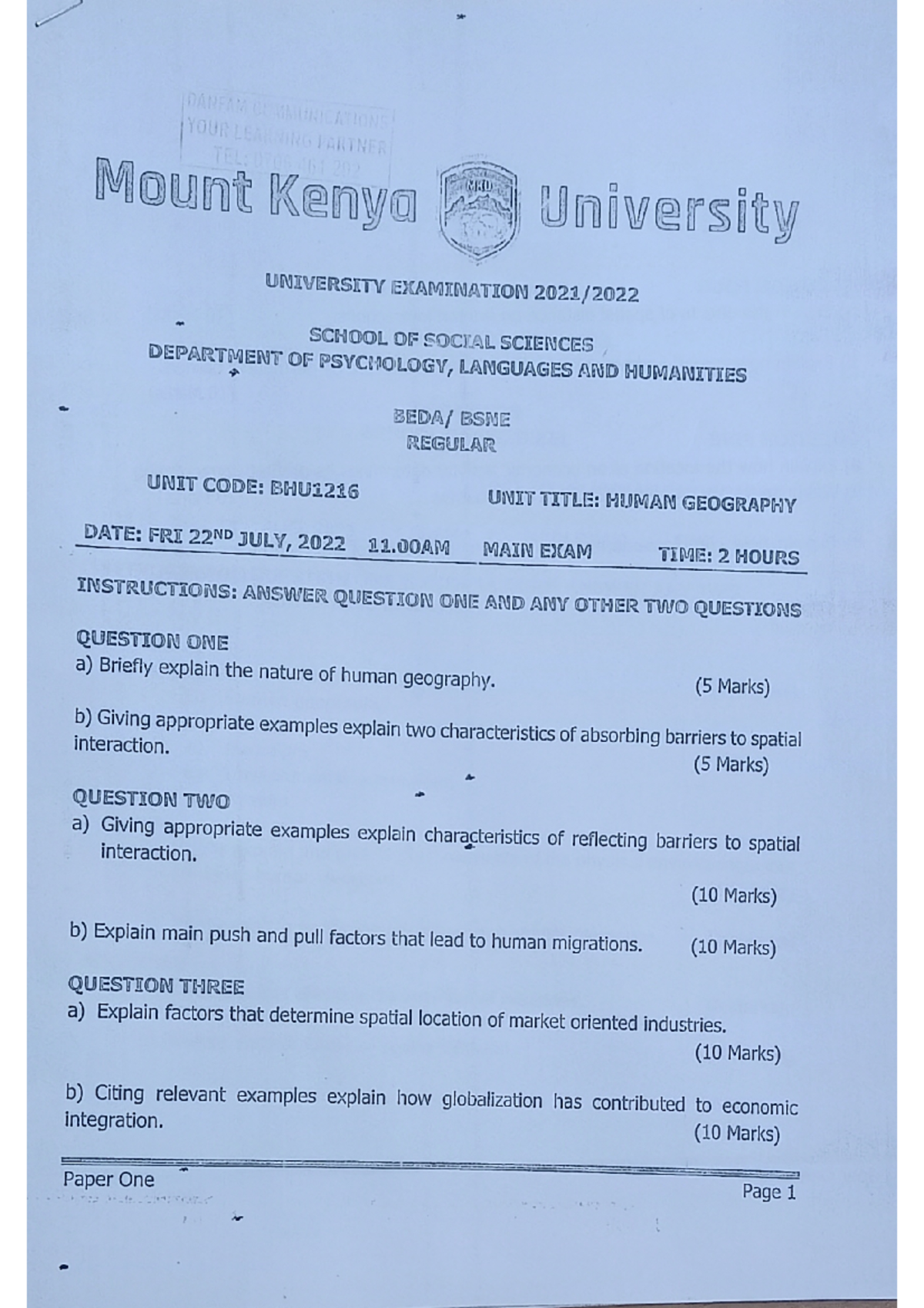 Human Geography past papers - TEL:070526 PARTNER Mount Kenya University ...