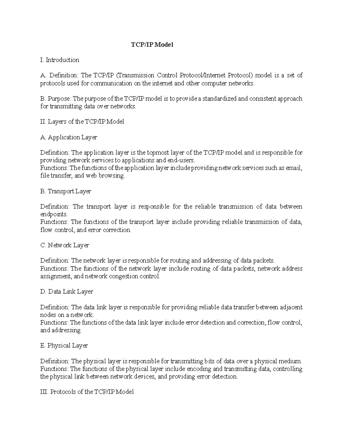TCP - ganga - TCP/IP Model I. Introduction A. Definition: The TCP/IP (Transmission Control - Studocu