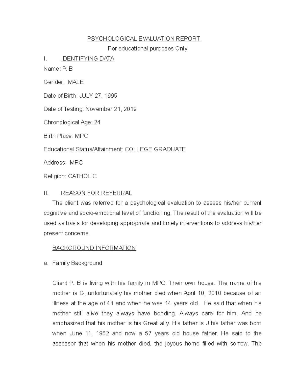 Psychological Evaluation Report Of Client P B BS Psychology Studocu psychological-evaluation-report-of-client-p-b-bs-psychology-studocu