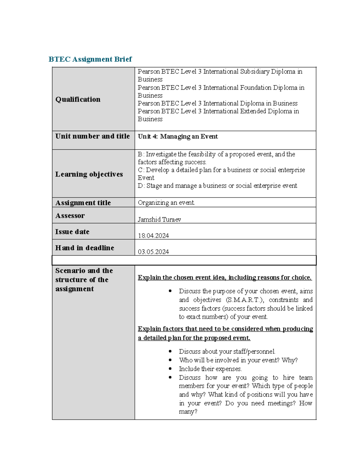 Managing an Event AB 2 - adad - BTEC Assignment Brief Qualification Pearson BTEC Level 3 - Studocu