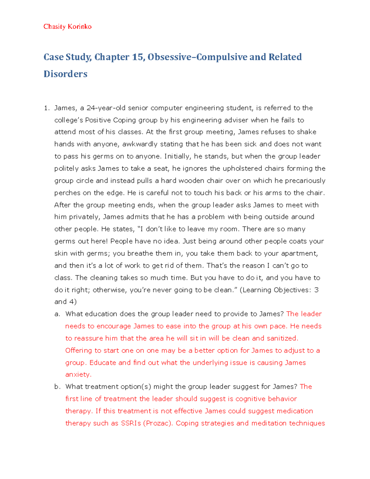 Case study 1 OCD - n/a - Chasity Korinko Case Study, Chapter 15 ...