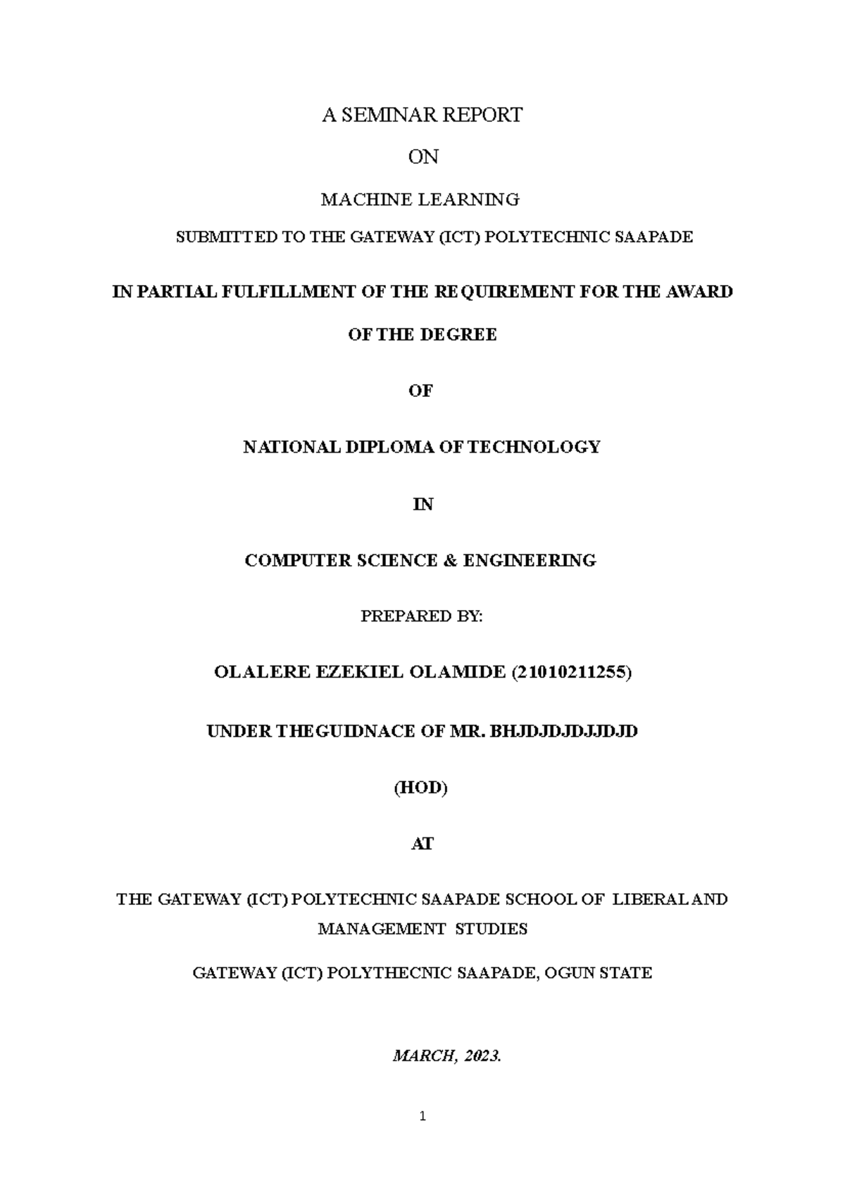 Seminar on machine learning - A SEMINAR REPORT ON MACHINE LEARNING ...