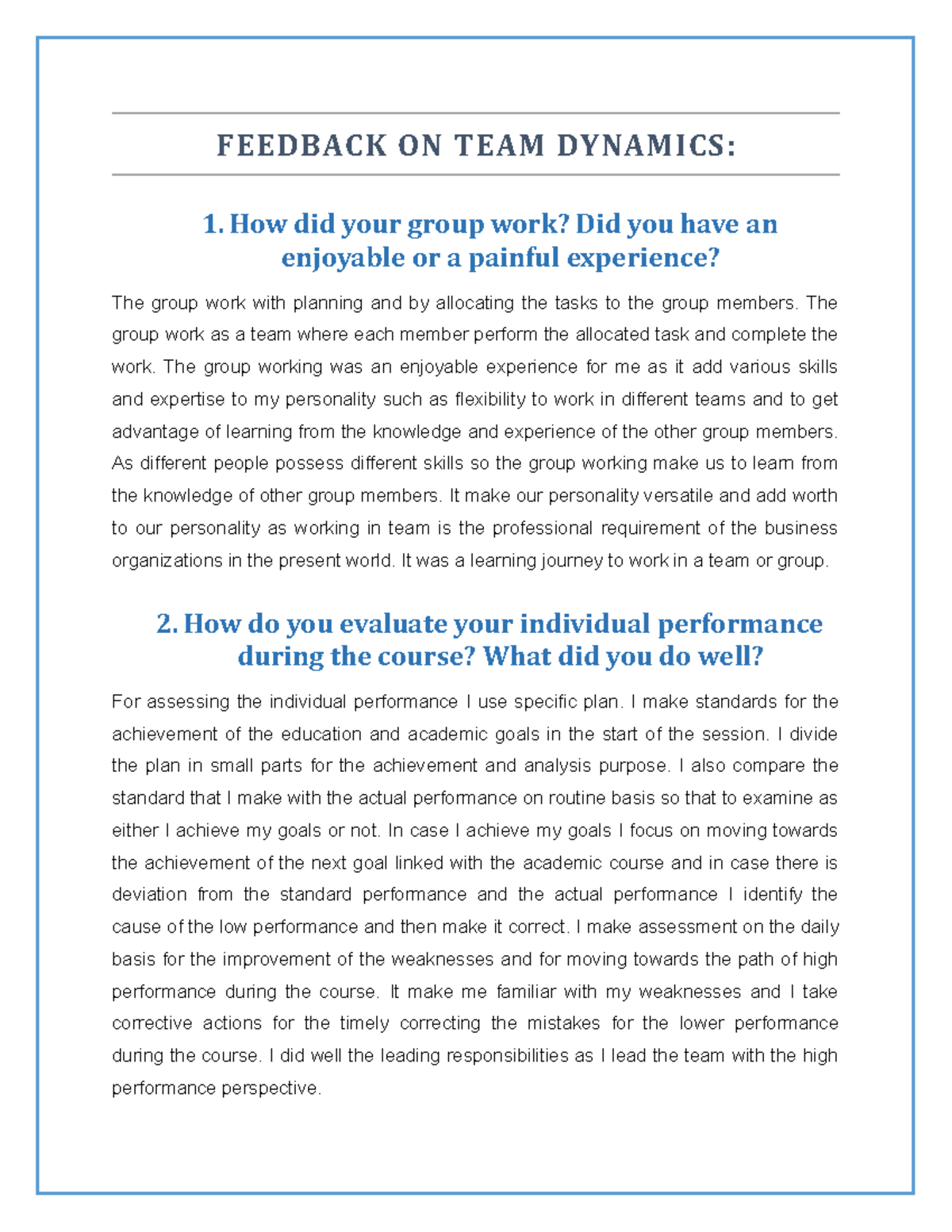 Feedback on team dynamics. 500 words - FEEDBACK ON TEAM DYNAMICS: 1 ...