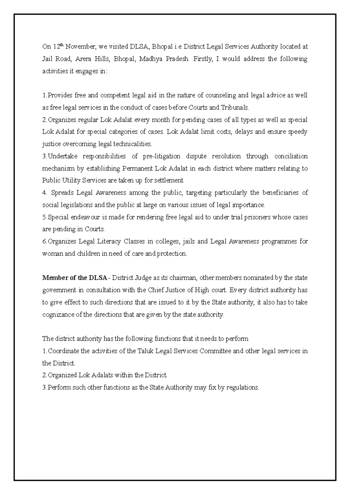 DLSA Report - On 12th November, we visited DLSA, Bhopal i District ...