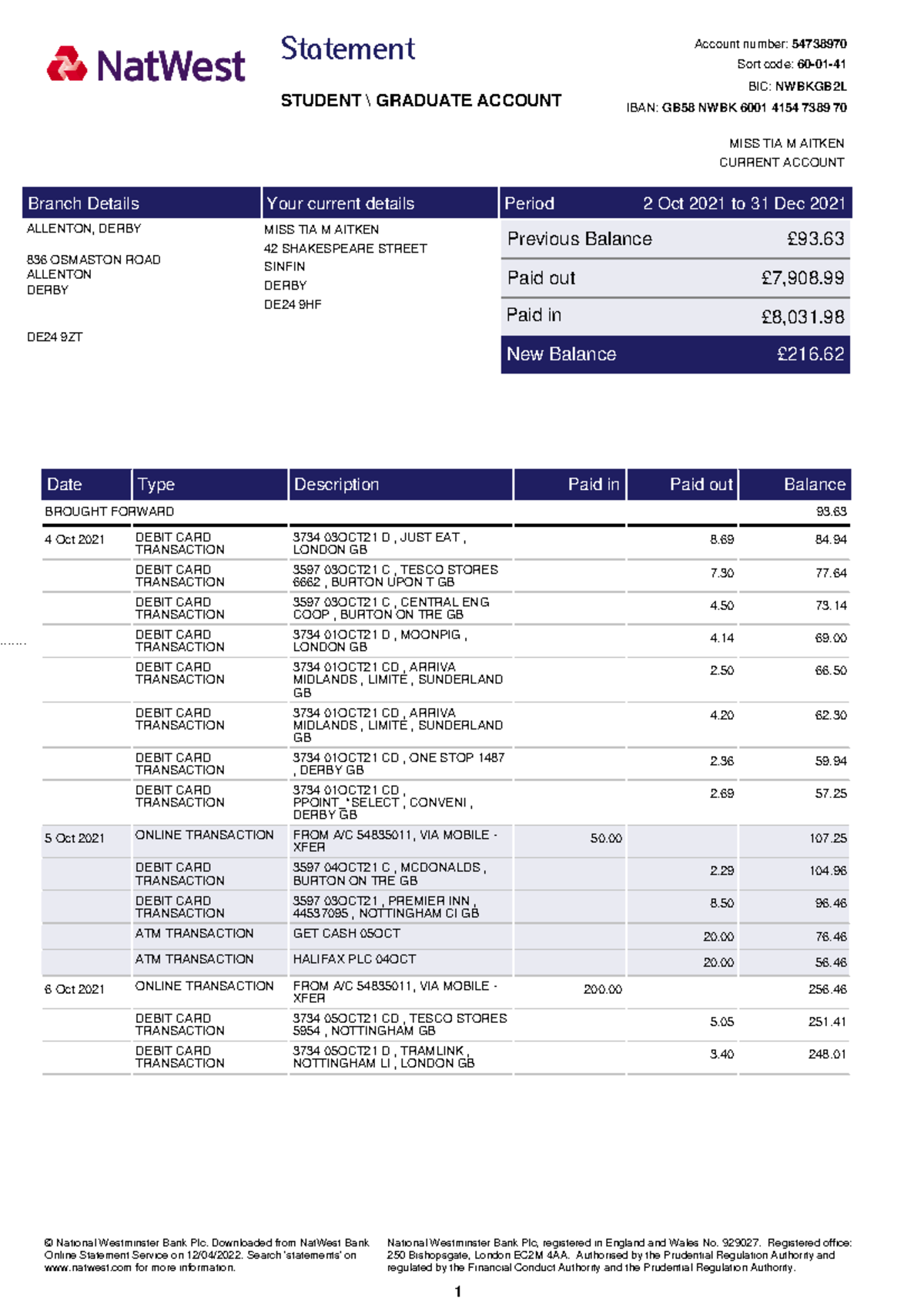 Statement 600141 54738970 2 10 2021 31 12 2021 - ....... Date Type ...
