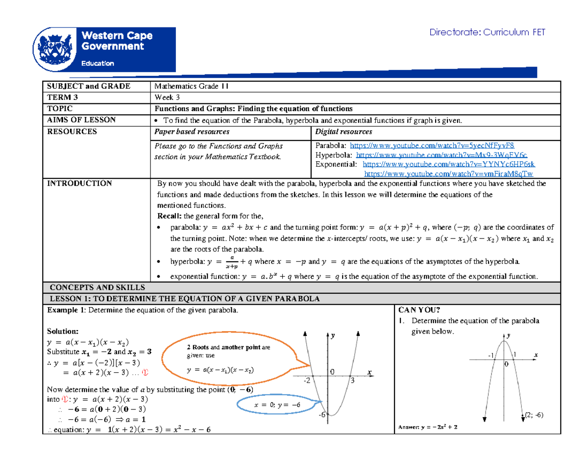Mathematics Grade 11 Term 3 week 3 2020 - SUBJECT and GRADE Mathematics ...