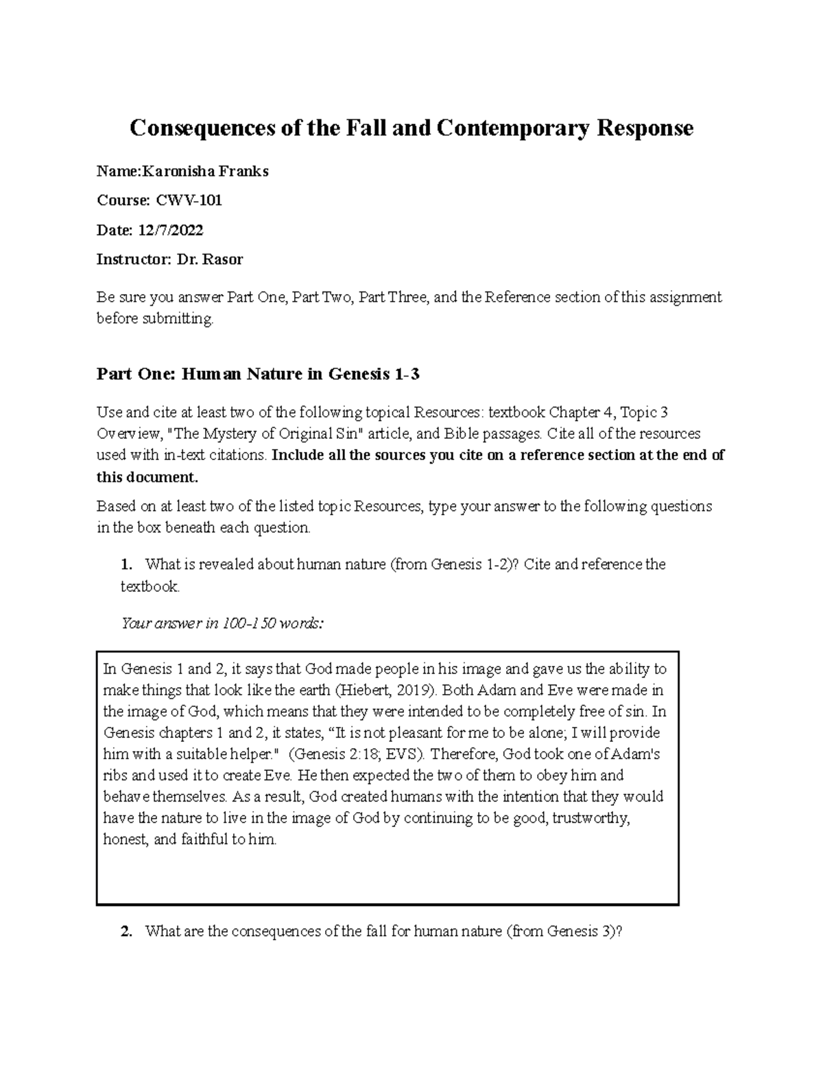 Consequences of the Fall and Contemporary Response CW - Consequences of ...