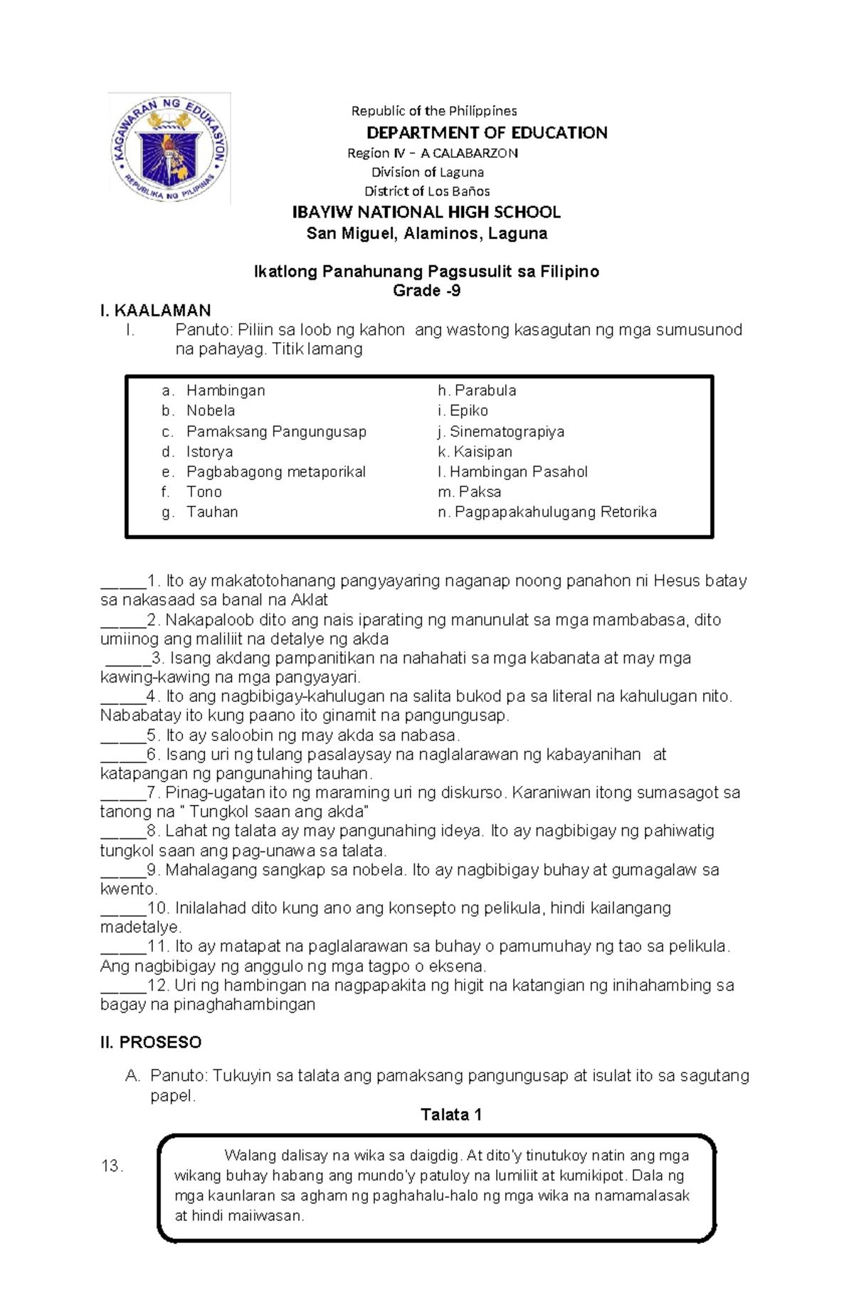 420407734 Filipino 3rd Periodical Test Grade 9 - Republic of the ...