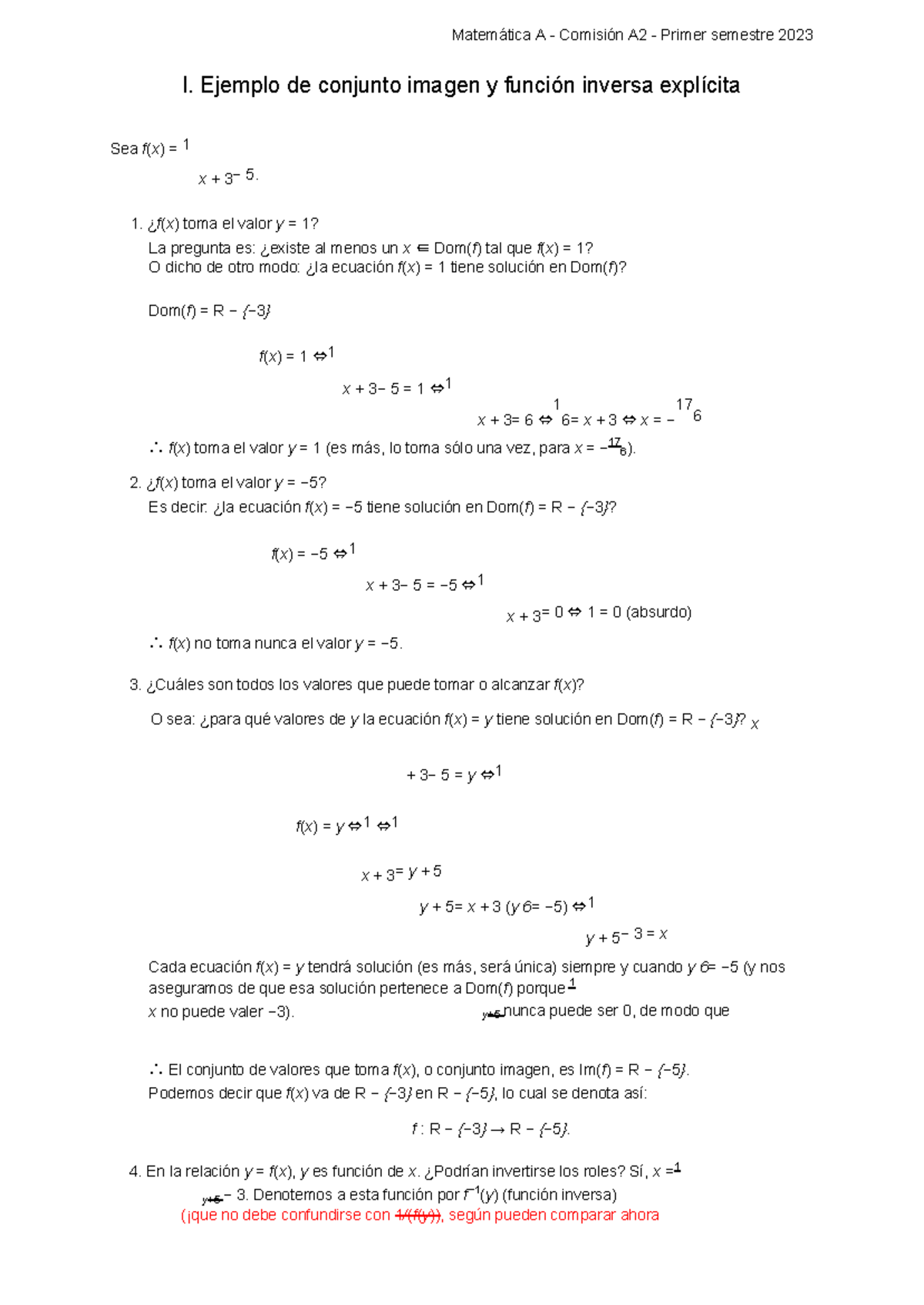 I. Ejemplo de conjunto imagen y función inversa explícita - Matemática ...