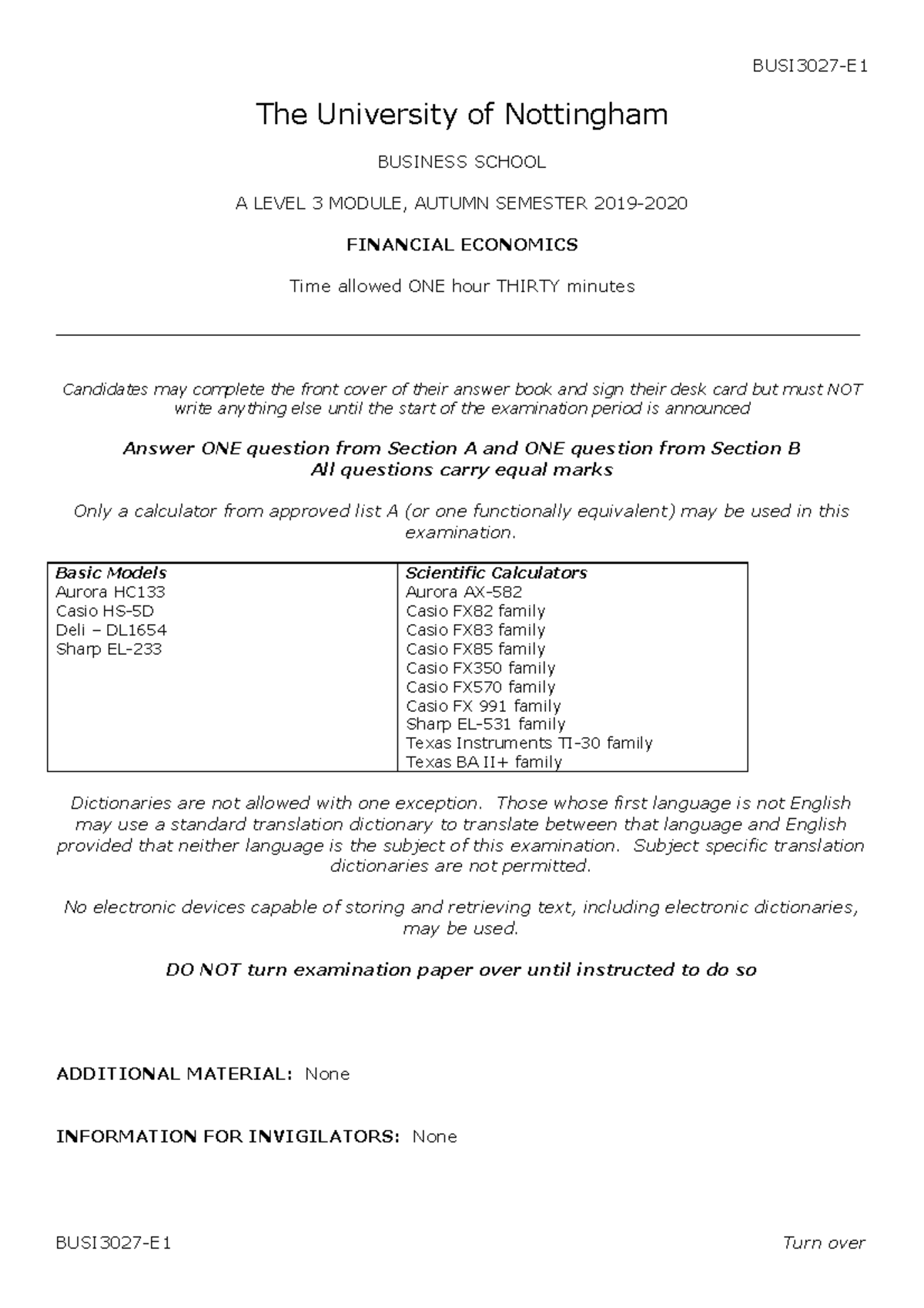BUSI3027E1-20 Financial econ - BUSI3027-E BUSI3027-E1 Turn over The University of Nottingham ...