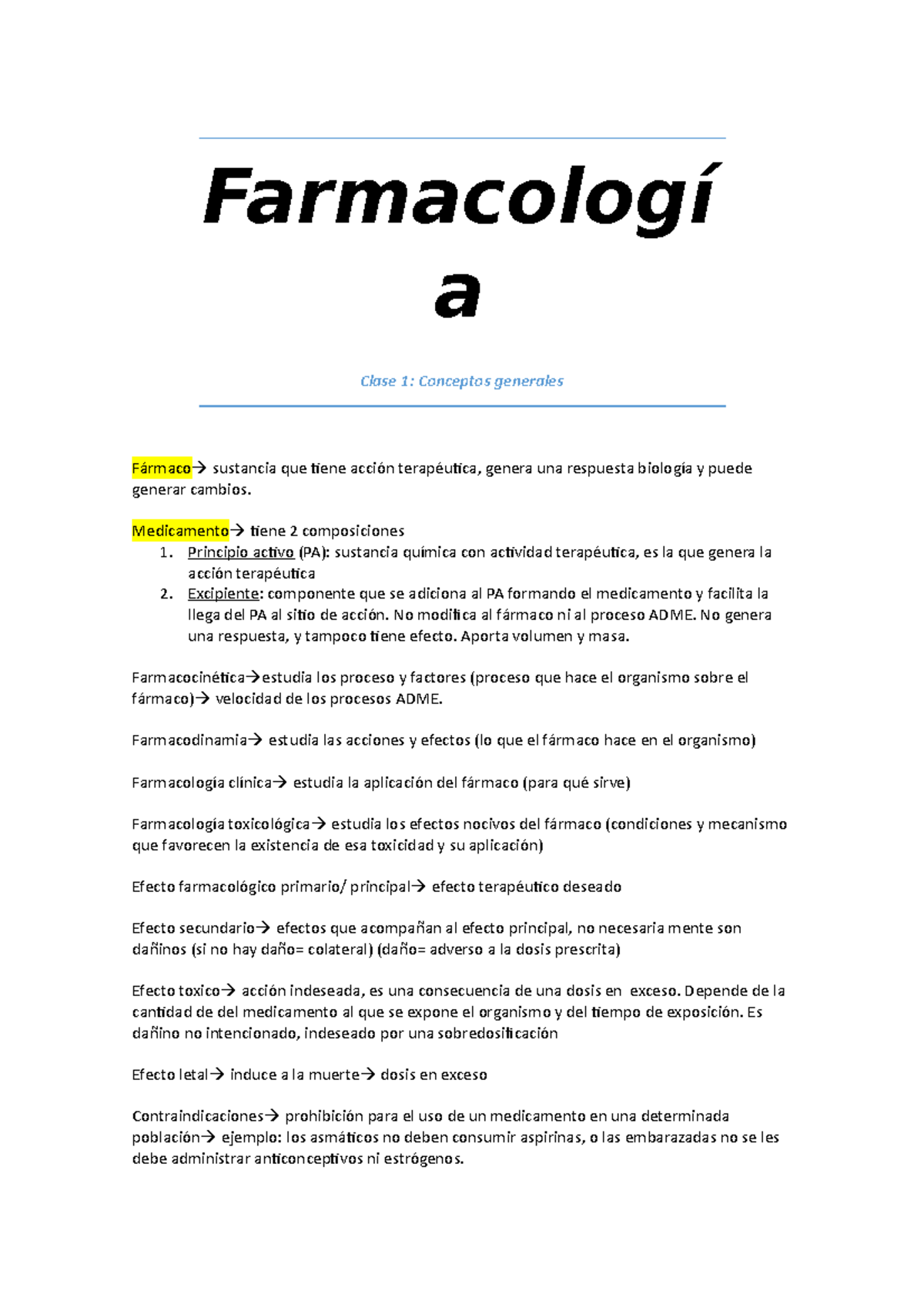 Farmacología resumen ash - Farmacologí a Clase 1: Conceptos generales ...