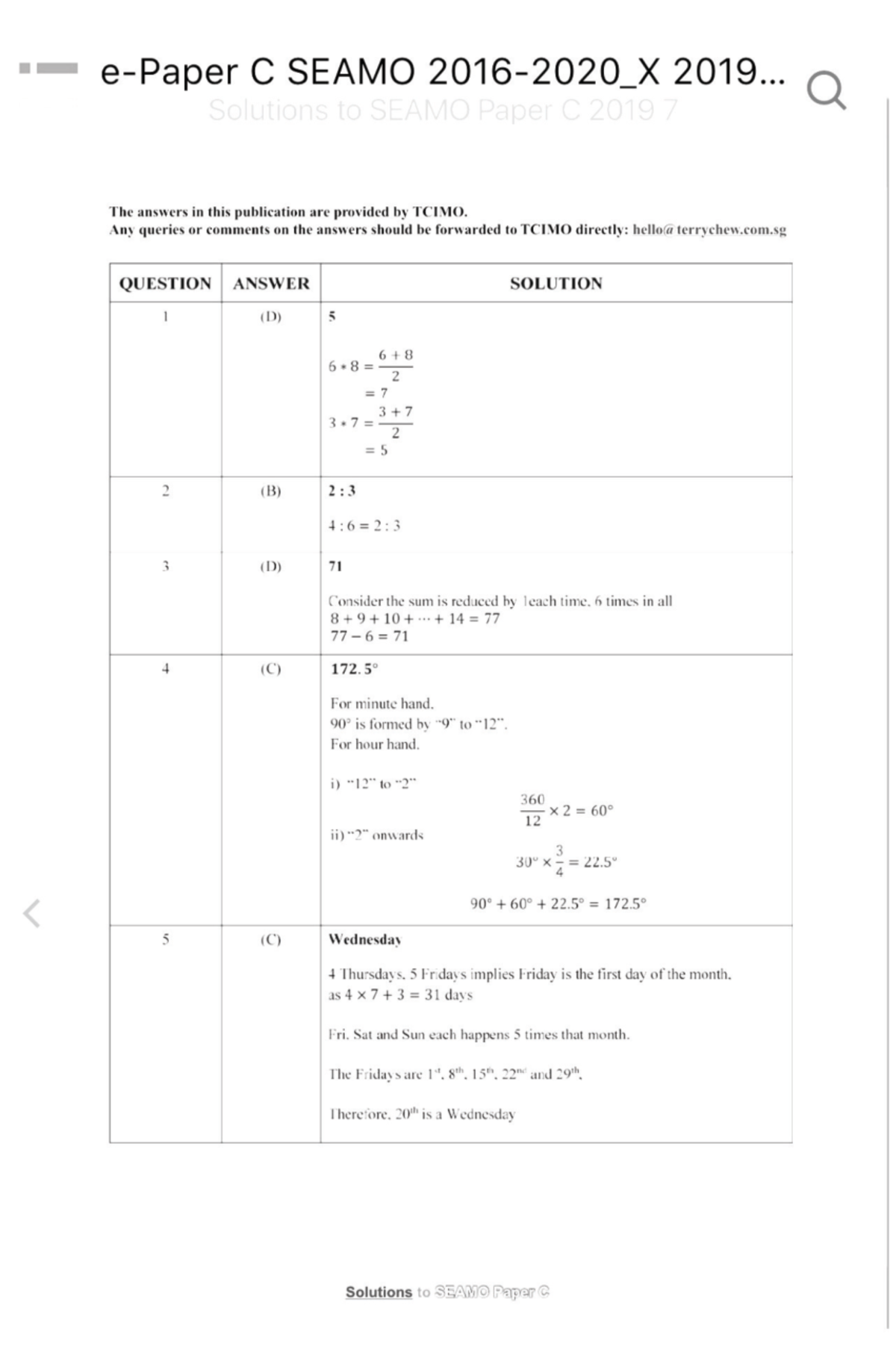 Seamo 2019 Paper C Solutions ONLY - MA1301 - Studocu