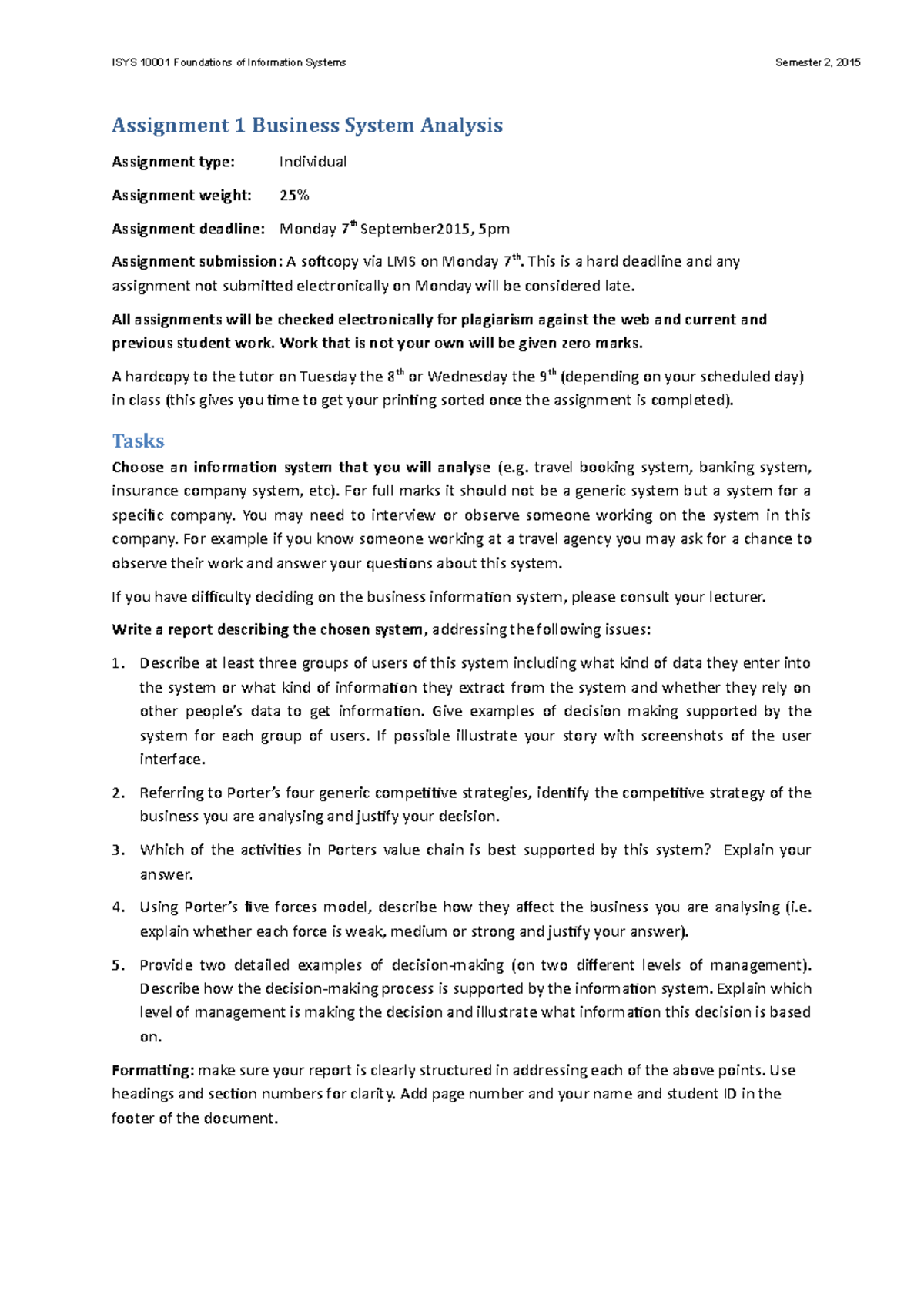 Seminar assignments - Assignment 1, Business System Analysis - ISYS 10001 Foundations of ...