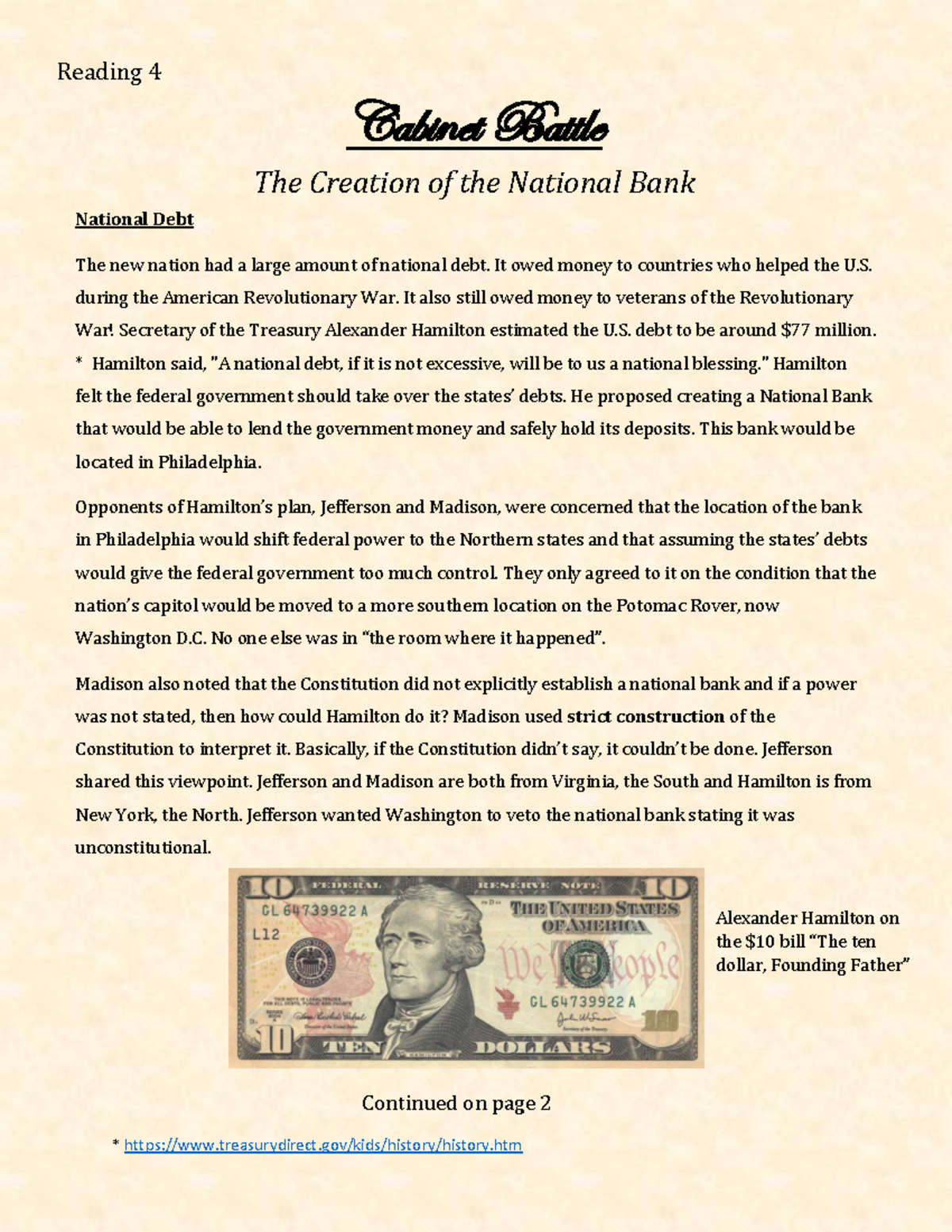 Cabinet Battle-The Creation of the Bank - Reading 4 treasurydirect/kids ...