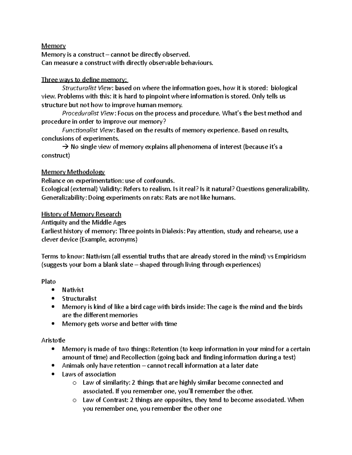 Memory Lecture Notes All Memory Memory Is A Construct Cannot Be 2810