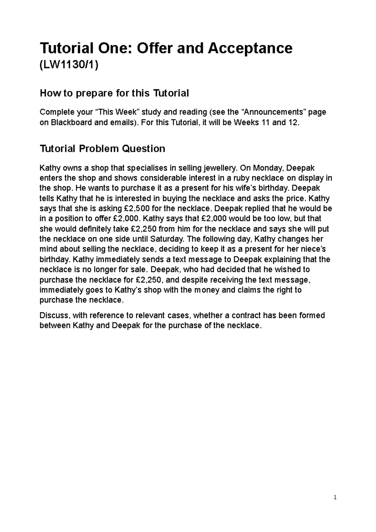 Contract Law 2021-22 Tutorial 1 LW1130 - Tutorial One: Offer and Acceptance (LW1130/1) How to ...