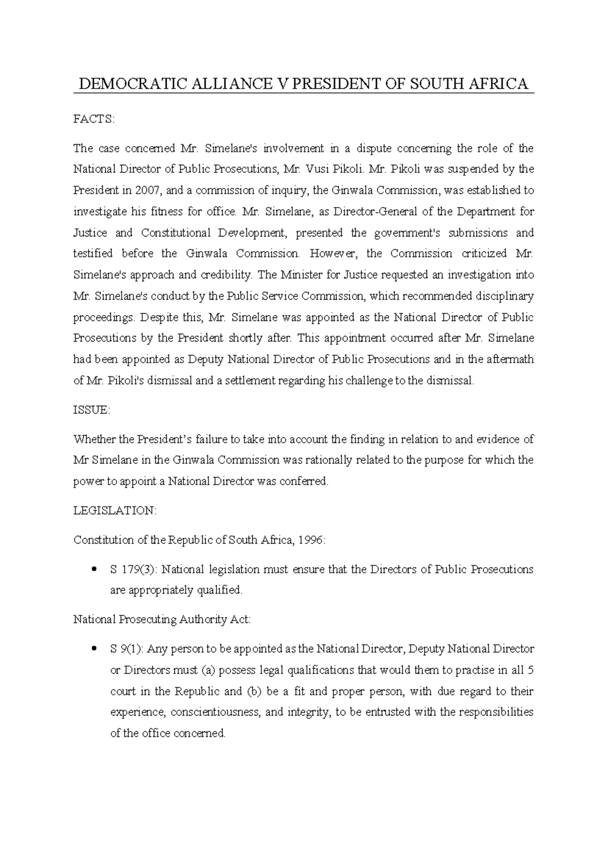 DA v President of RSA - Summary Constitutional Law - DEMOCRATIC ...