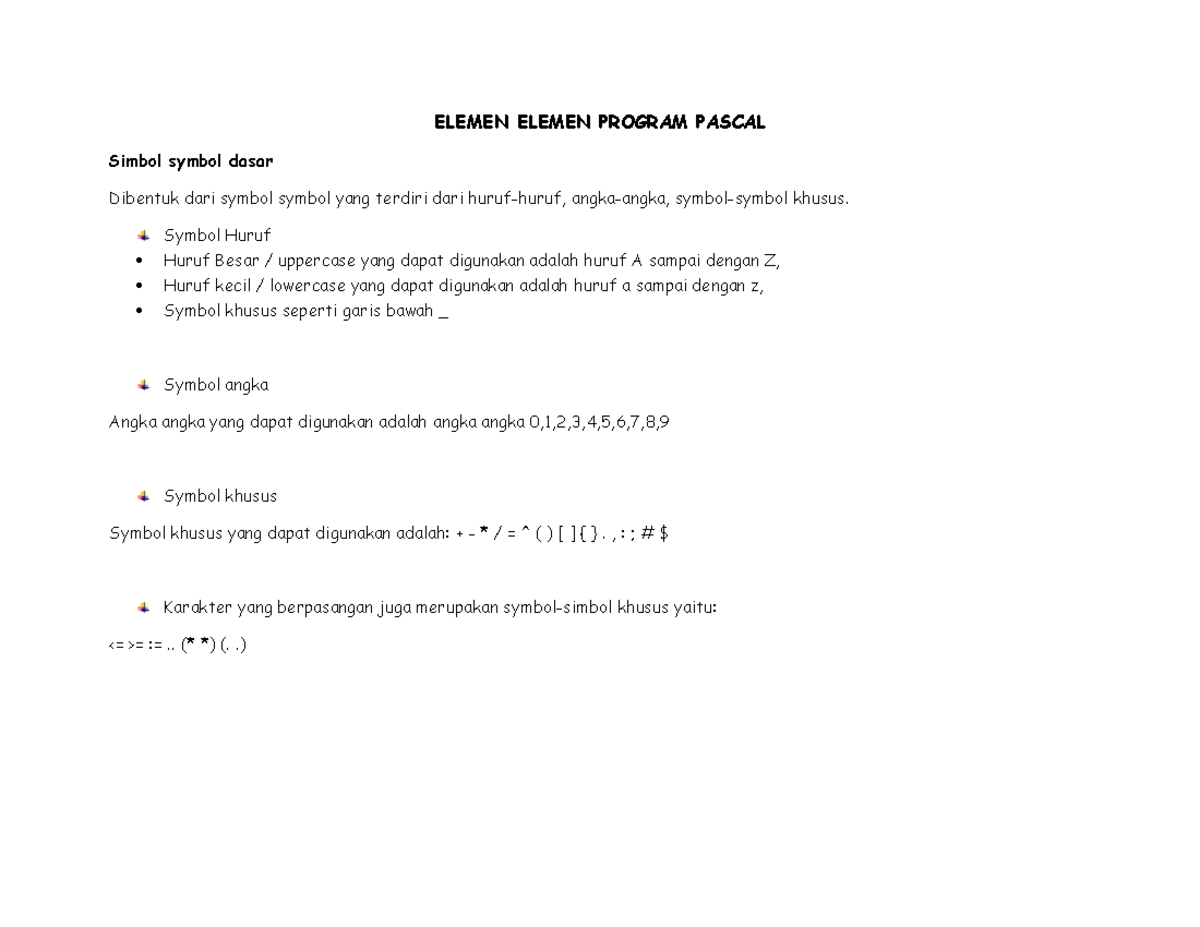 M2 - Elemen Elemen Pascal - ELEMEN ELEMEN PROGRAM PASCAL Simbol symbol ...