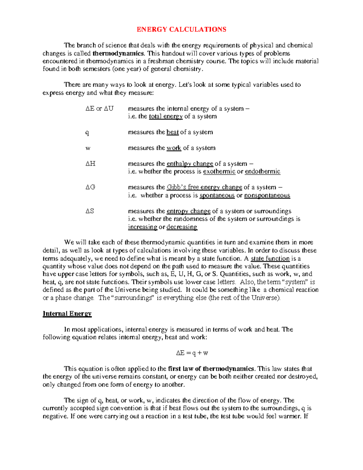 Energy Calculations - Chimie - ENERGY CALCULATIONS The branch of ...