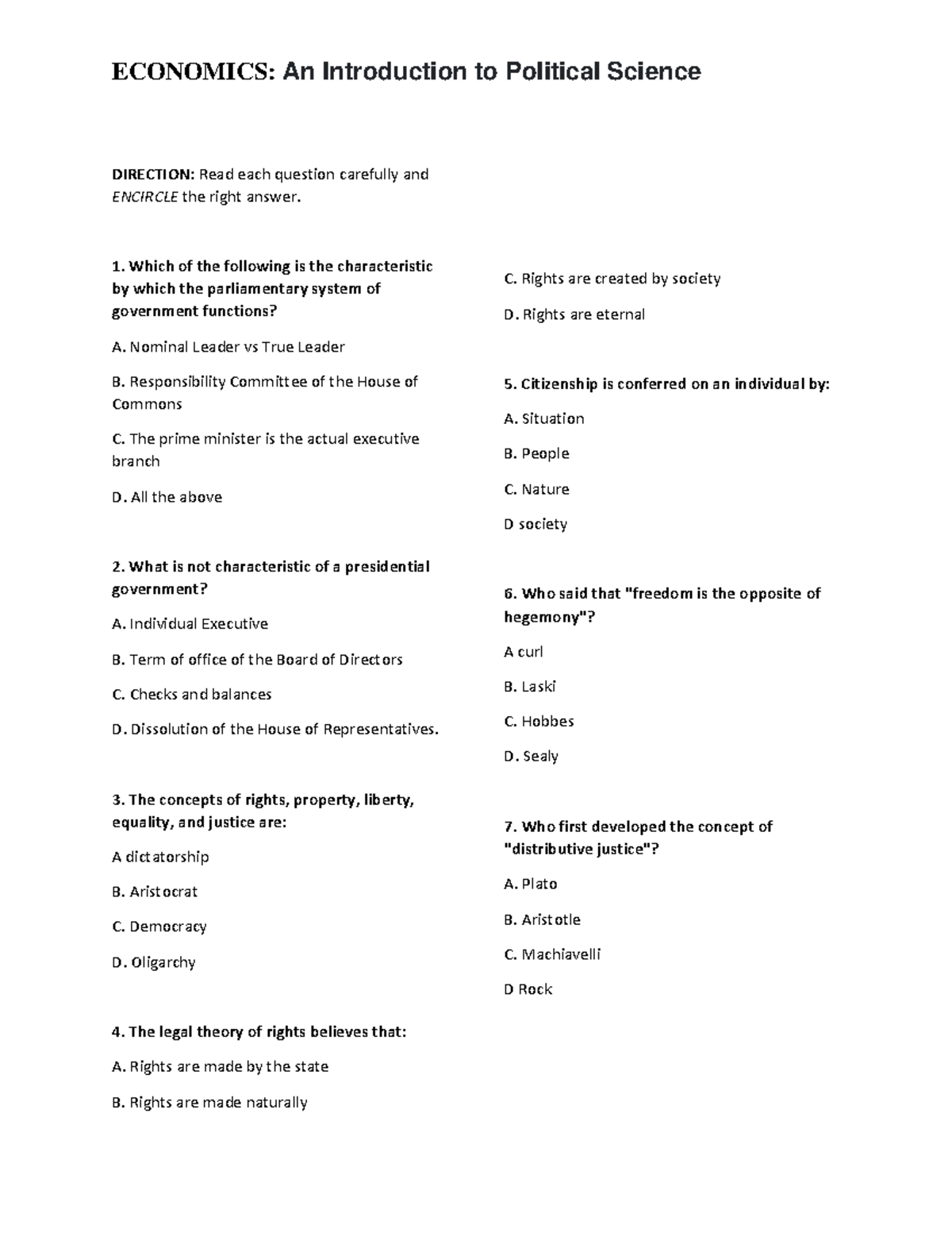 Economics Practice Exam 1 - DIRECTION: Read each question carefully and ...