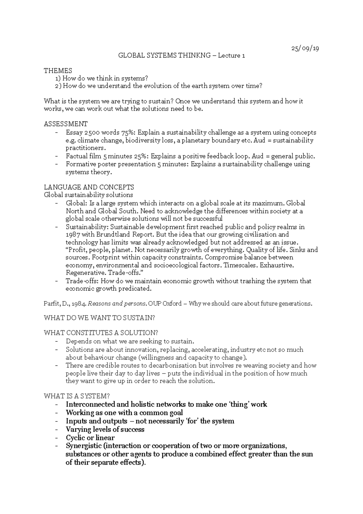 Introduction to global systems thinking - 25/09/ GLOBAL SYSTEMS THINKNG ...