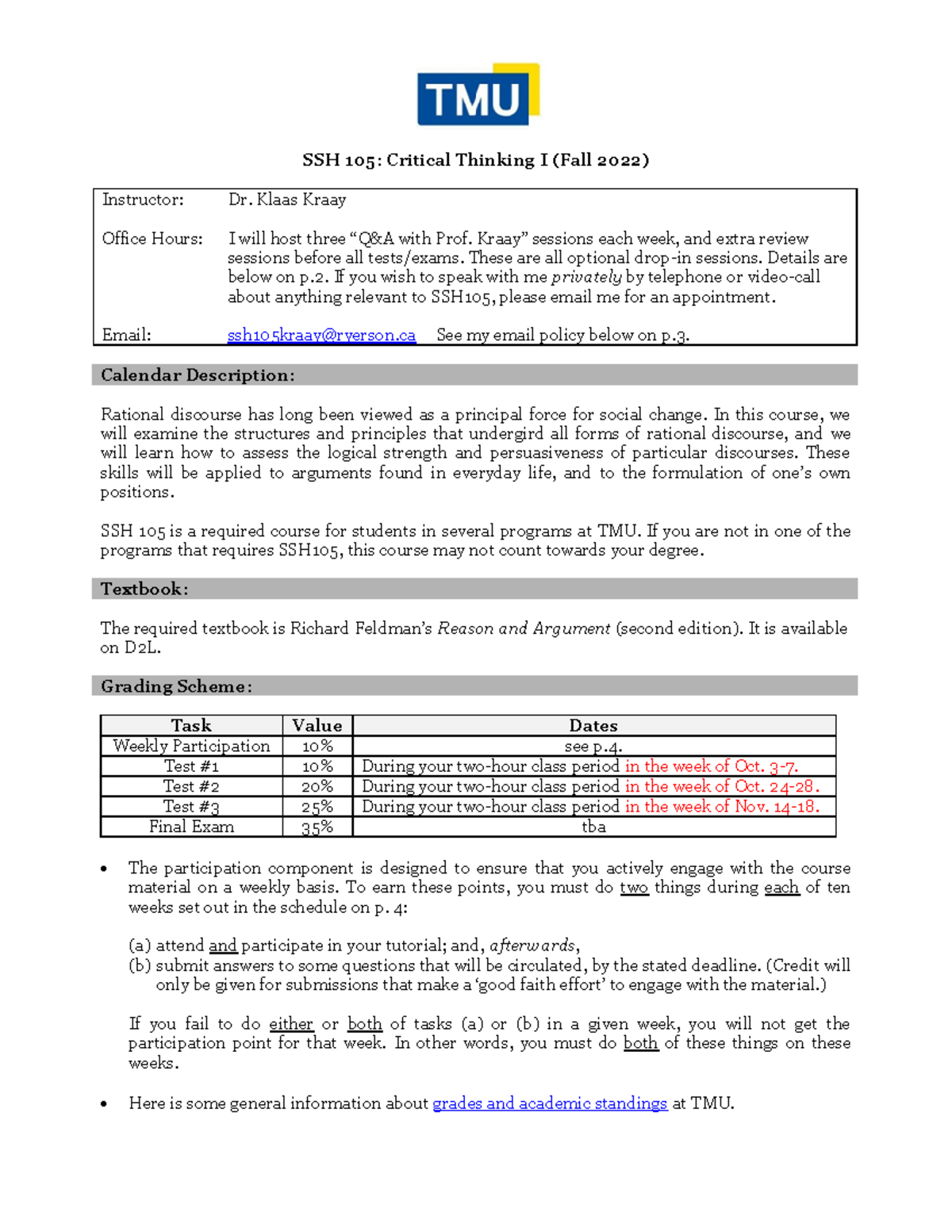 SSH 105 Course Outline - Fall 2022 - SSH 105: Critical Thinking I (Fall ...