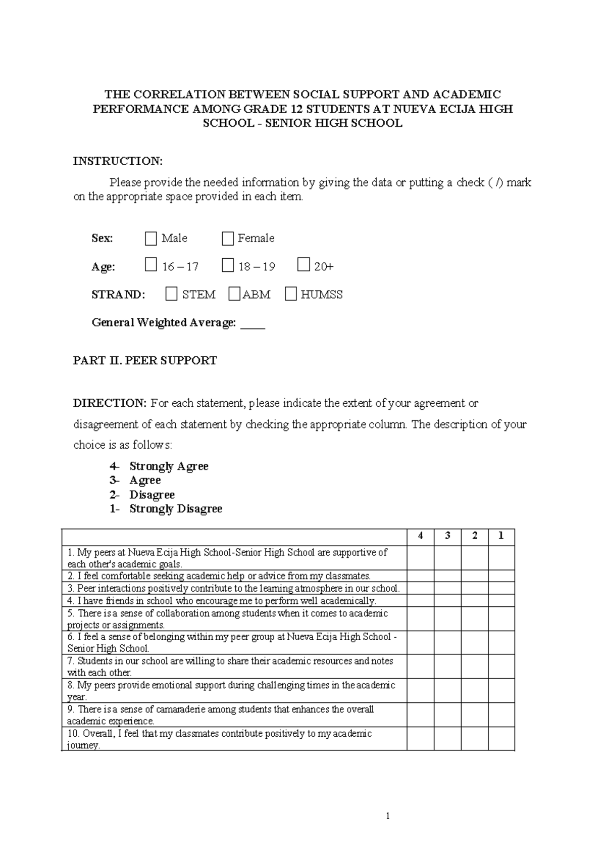 Questionnaire hsdgh - 1 THE CORRELATION BETWEEN SOCIAL SUPPORT AND ...
