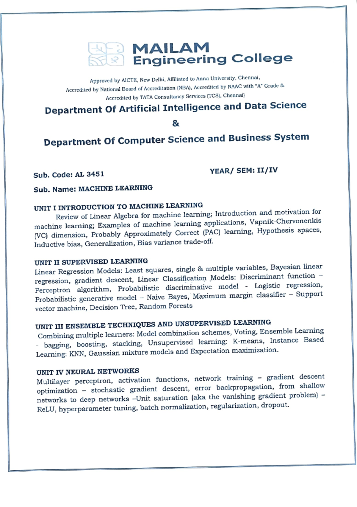 AL 3451 ML - O MAILAM Engineering College Approved by AICTE, New Delhi ...