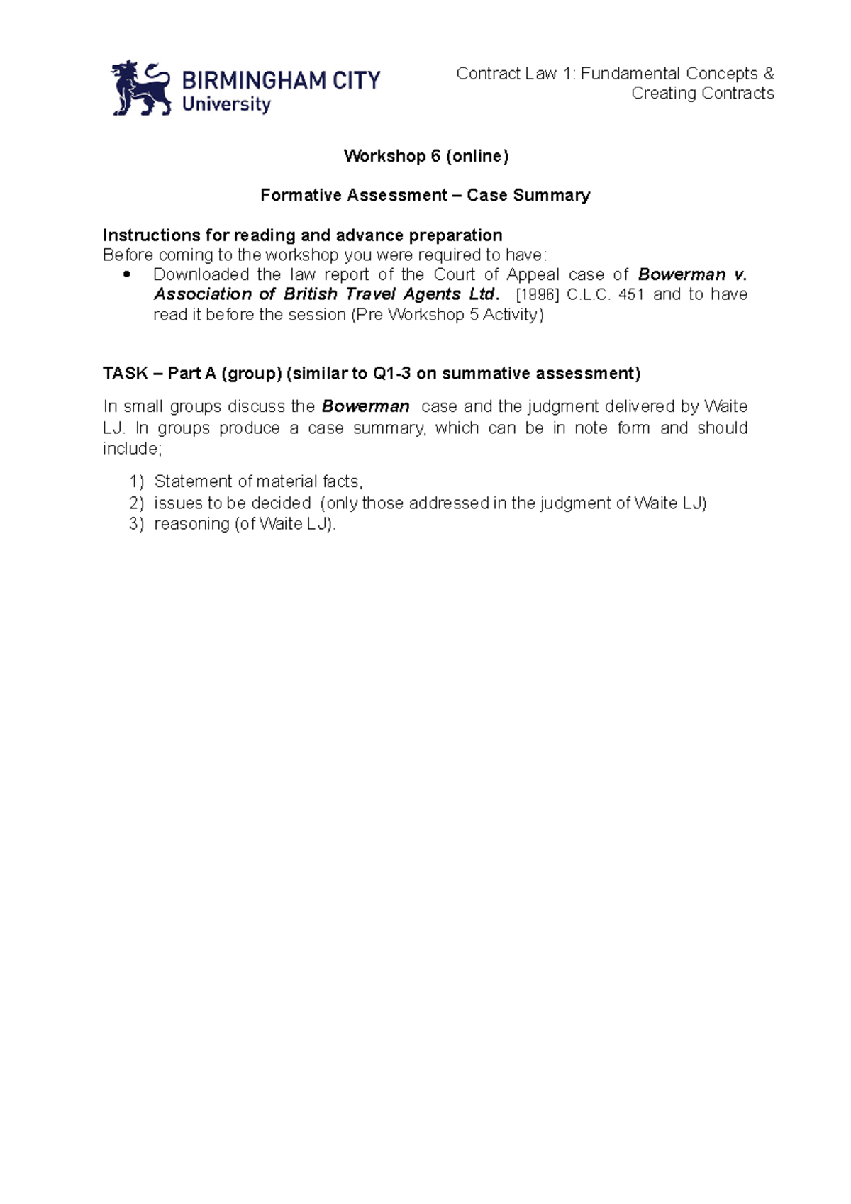Workshop 6 (online) - Task PART A - Contract Law 1: Fundamental ...