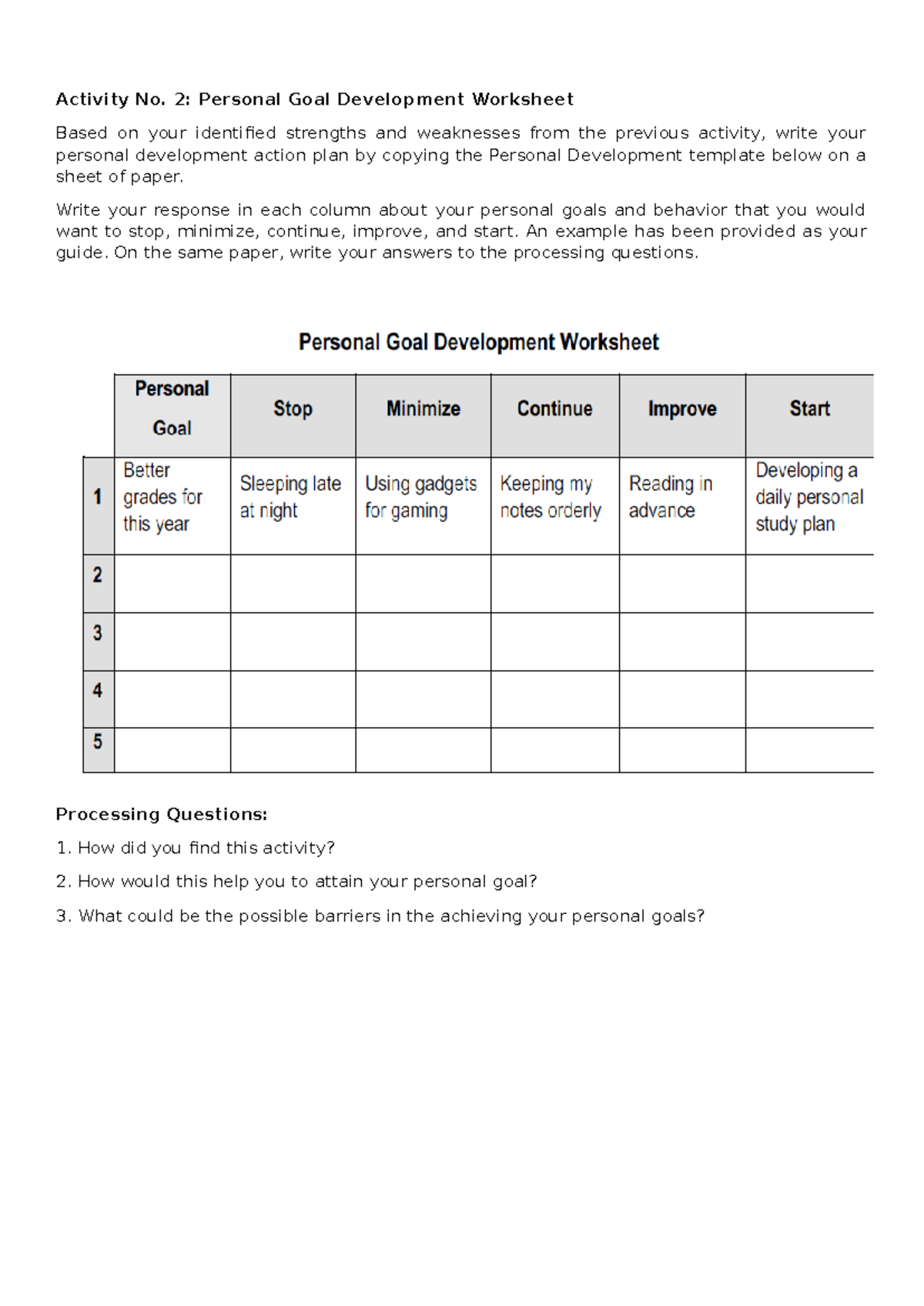 Activity No. 2Personal Goal Development Worksheet - Activity No. 2 ...