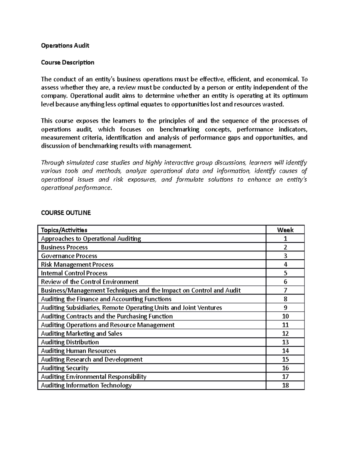 Course Outline Operations Audit - Operations Audit Course Description ...