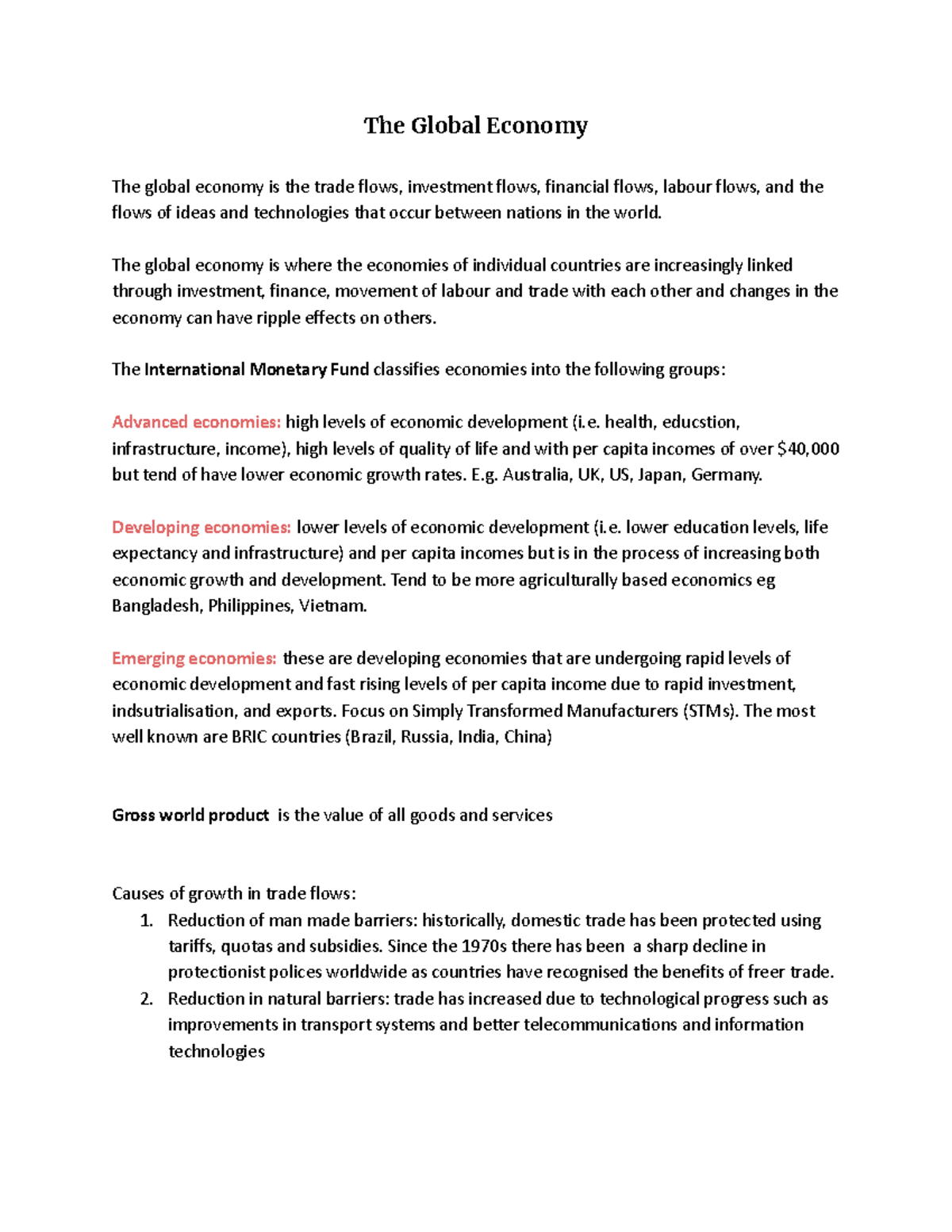 Y12 Eco - The Global Economy - The Global Economy The global economy is ...