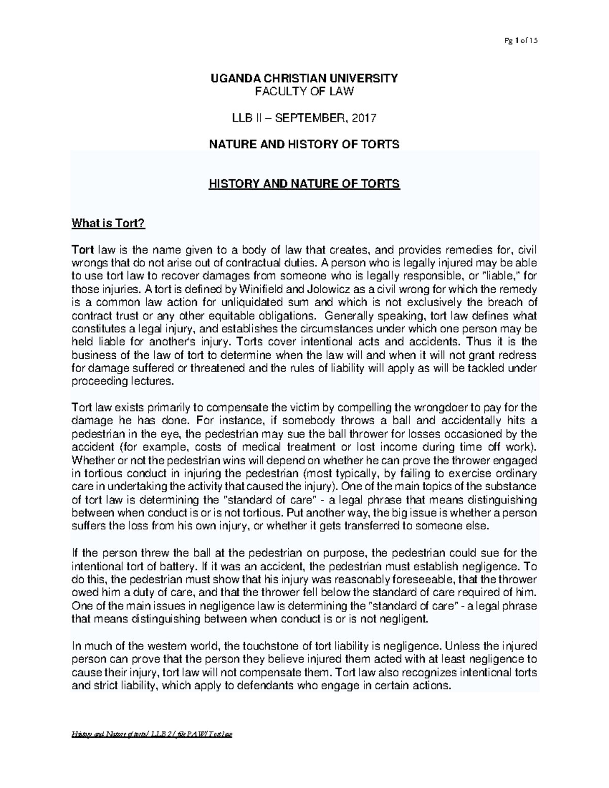 Guiding Notes- THE History OF Torts 2017 - UGANDA CHRISTIAN UNIVERSITY ...