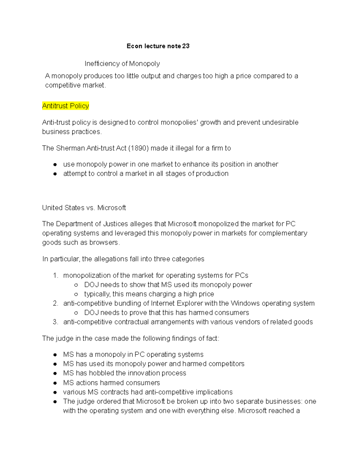 Econ lecture notes 23 - Econ lecture note 23 Inefficiency of Monopoly A ...