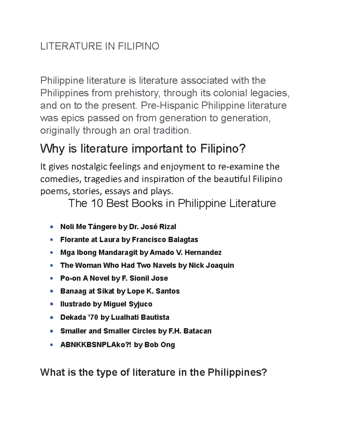Report - i hope i can learn more - LITERATURE IN FILIPINO Philippine ...