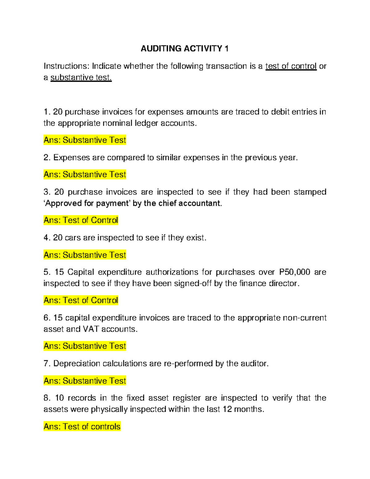 Auditing Activity 1 - AUDITING ACTIVITY 1 Instructions: Indicate ...